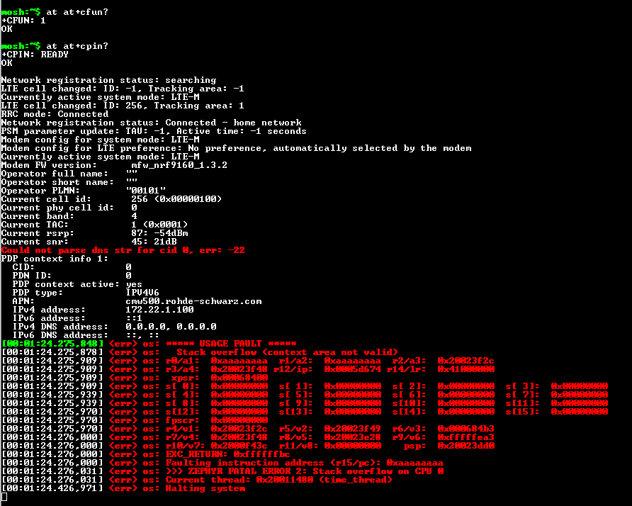 Nrf9160 Modemshell Example Code Crashes When Connecting To Cmw500 Nordic Qanda Nordic Devzone
