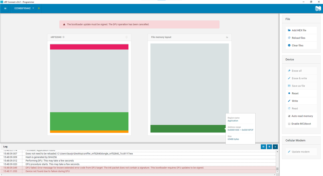 Nrf Connect Programmer Bootloader Signature Error When Not Flashing Bootloader Nordic Qanda