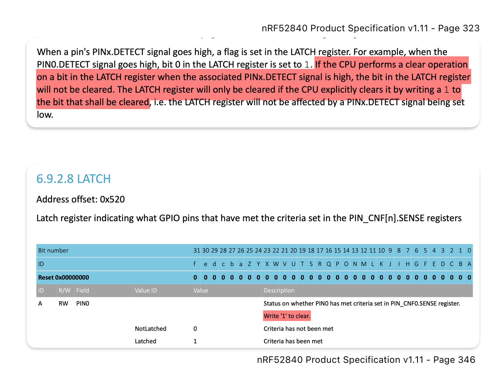 Documentation contradiction in LATCH register clearing description ...