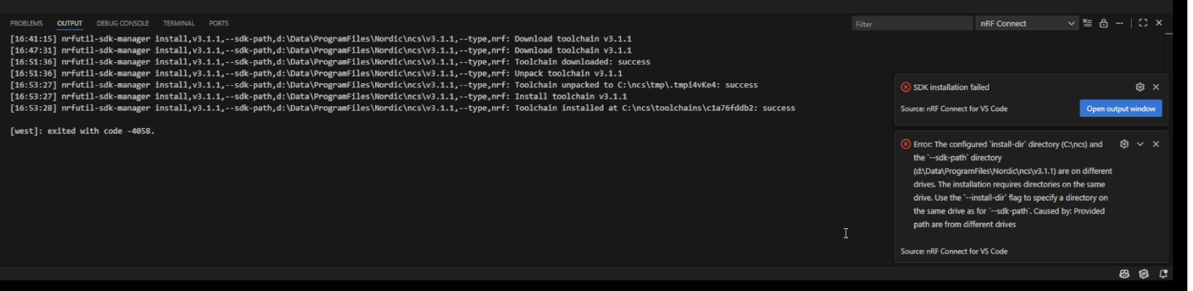nrF Connect SDK VSCode install fails: "[west]: exited with code -4058 ...