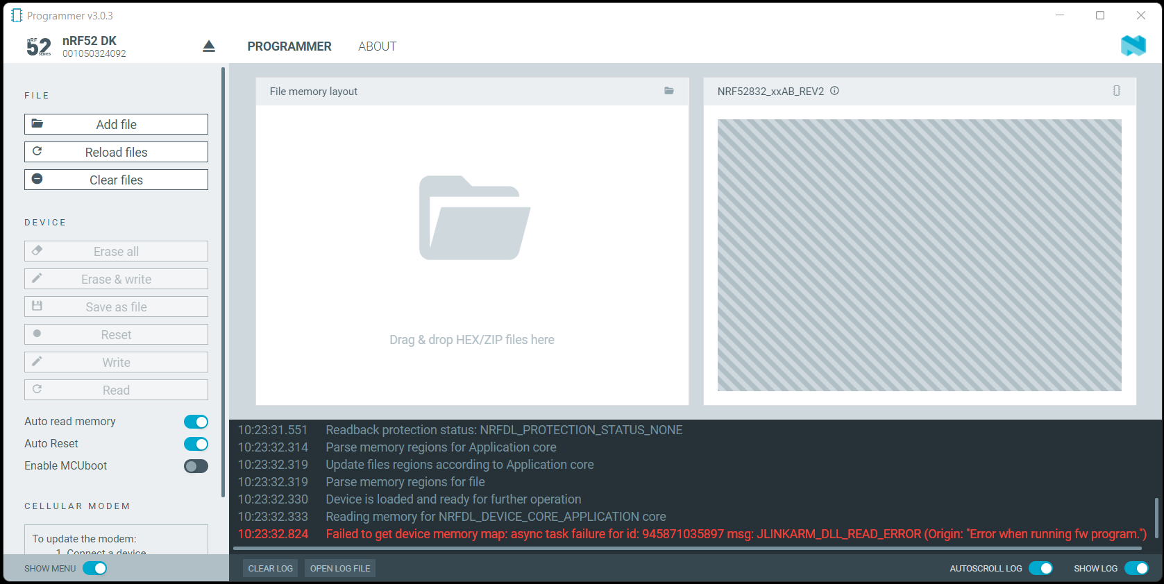 Error trying to upload a program to a n52832 - Nordic Q&A - Nordic DevZone - Nordic DevZone