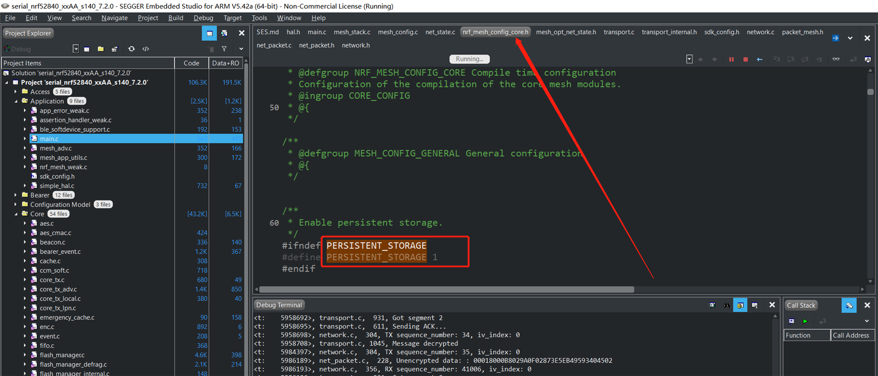 The macro "PERSISTENT_STORAGE" set to 1, but TX packet sequence number ...