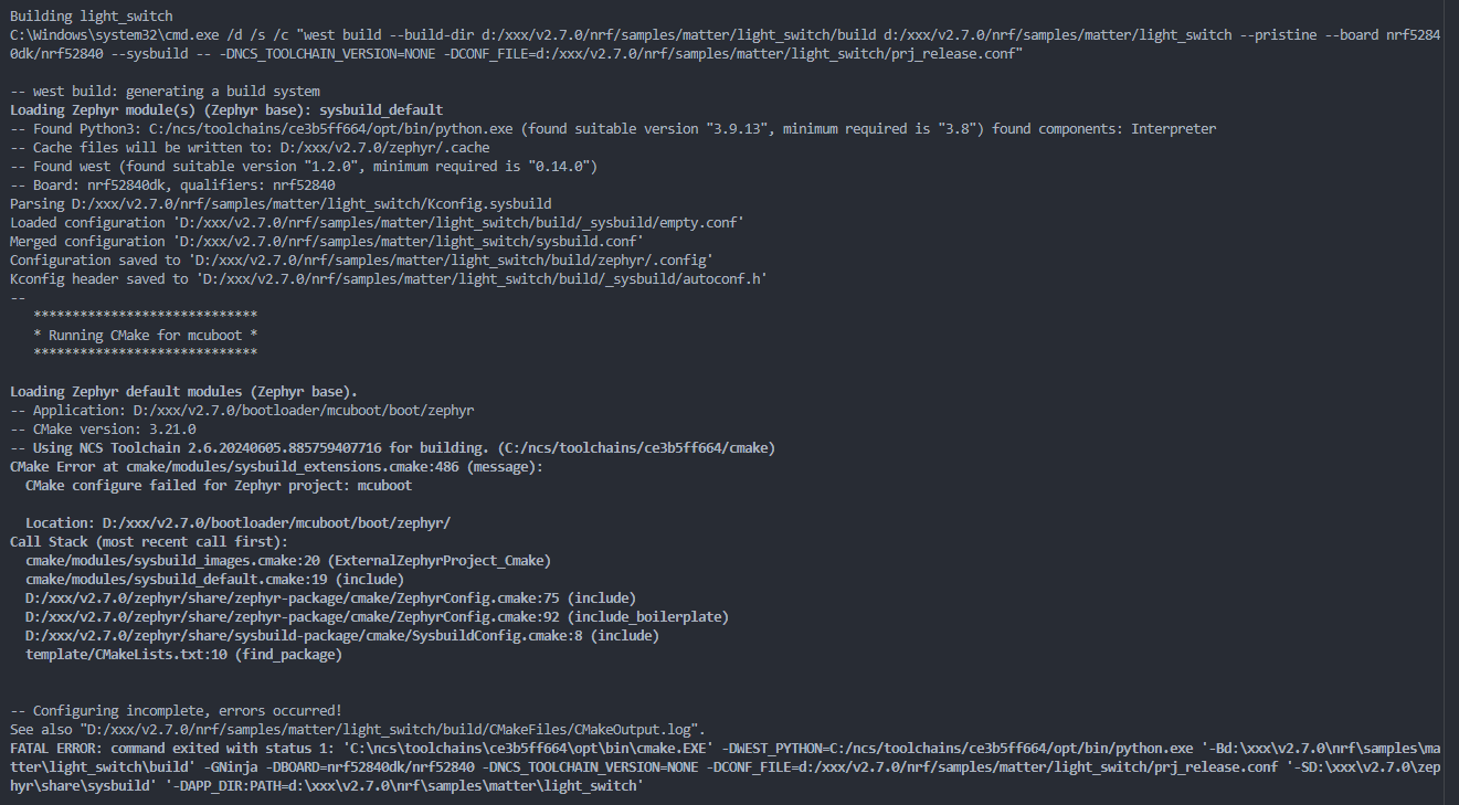 Windows NCS2.7.0 build matter light switch sample with option '--sysbuild' failed。 - Nordic Q&A ...