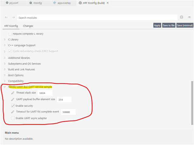 CONFIG_BT_NUS_UART_BUFFER_SIZE not recognised when I try to implement NUS service - Nordic Q&A ...