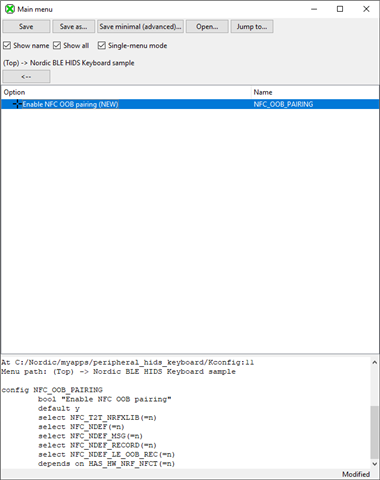 Issue setting NFC_OOB_PAIRING config option in prj.conf for peripheral_hids_keyboard sample ...