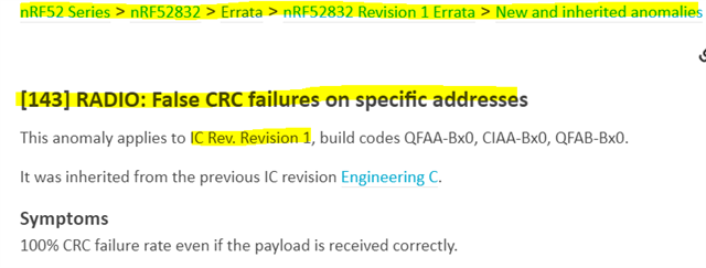 Workarounds for nRF52832 erratum 143: False CRC failures on specific ...