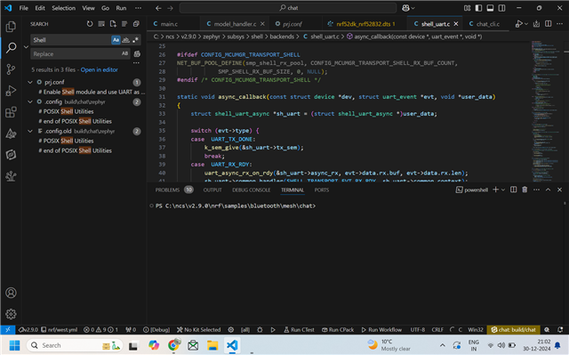 Disable Uart Shell To Use Custom Uart Protocol In Bluetooth Mesh Chat Example In Nrf Connect Sdk